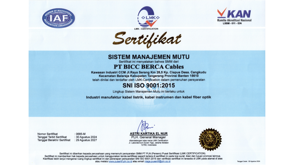 SERTIFIKAT SNI ISO 9001;2015 - PT.BICC BERCA CABLES